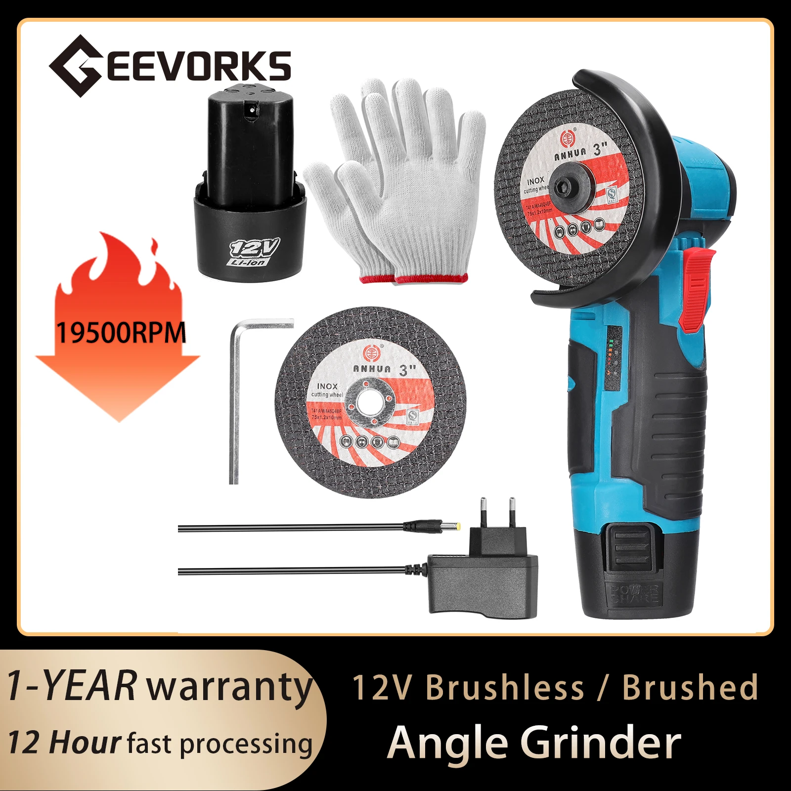 12V-Angle-Grinder-19500RPM-Brushless-Brushed-Electric-Grinder-Cutter ...