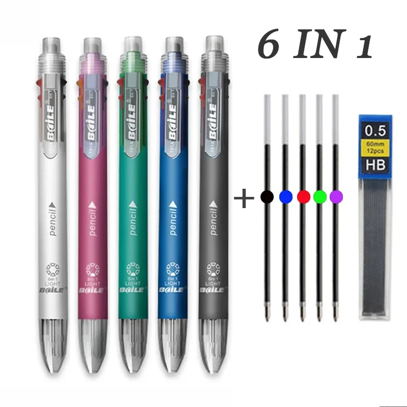 6-In-1-Multifunction-Ballpoint-Pen-5color-Ballpoint-Pen-0-5mm-Automatic ...