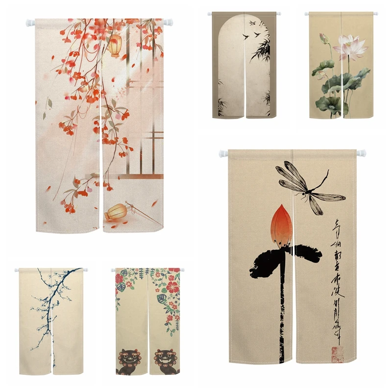 Cortinas de Porta Estilo Chinês Noren com Padrão de Lótus, Ameixa e ...