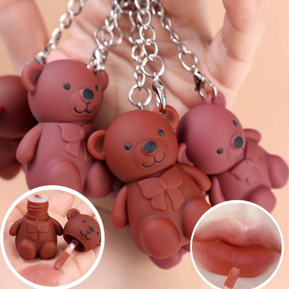 Cute-Bear-Keychain-Lip-Mud-Matte-Velvet-Mousse-Cinza-Pink-Batom-Imperme ...