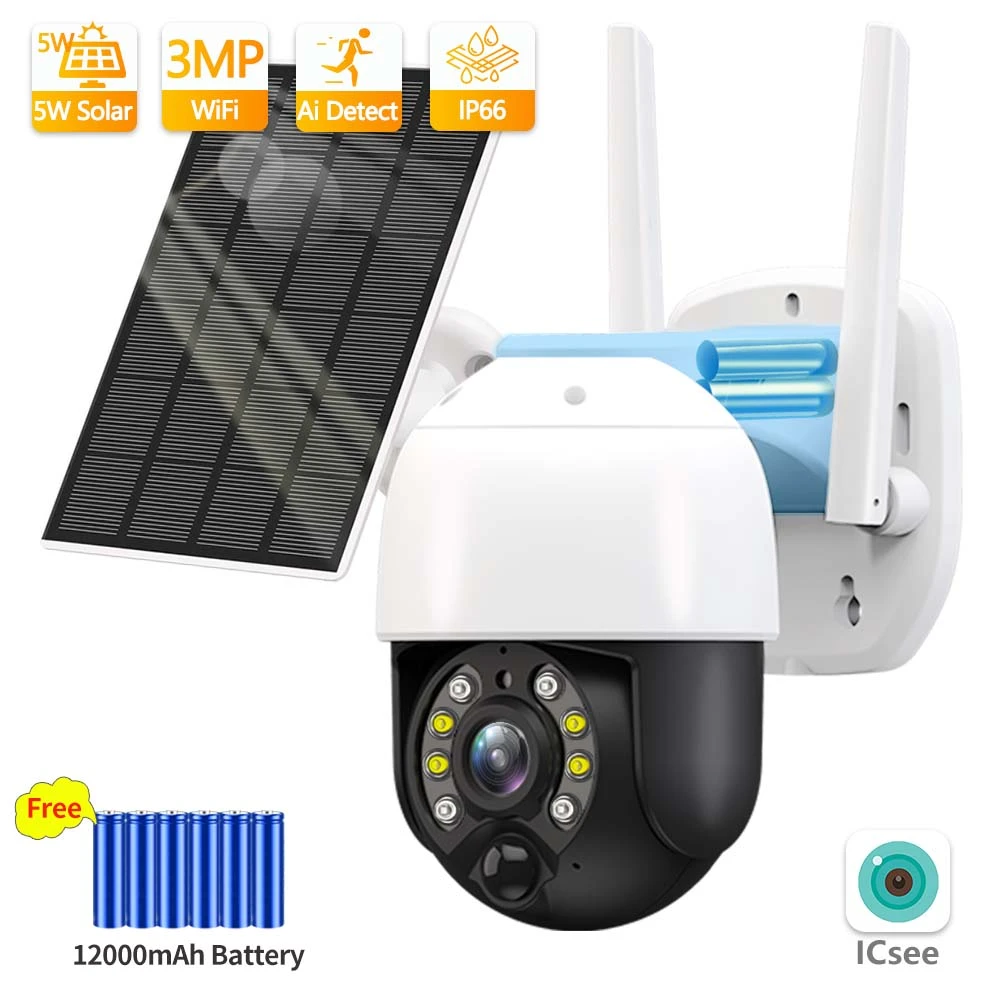 WiFi IP Camera 3MP HD Outdoor Wireless Security Camera Solar Panel PIR ...