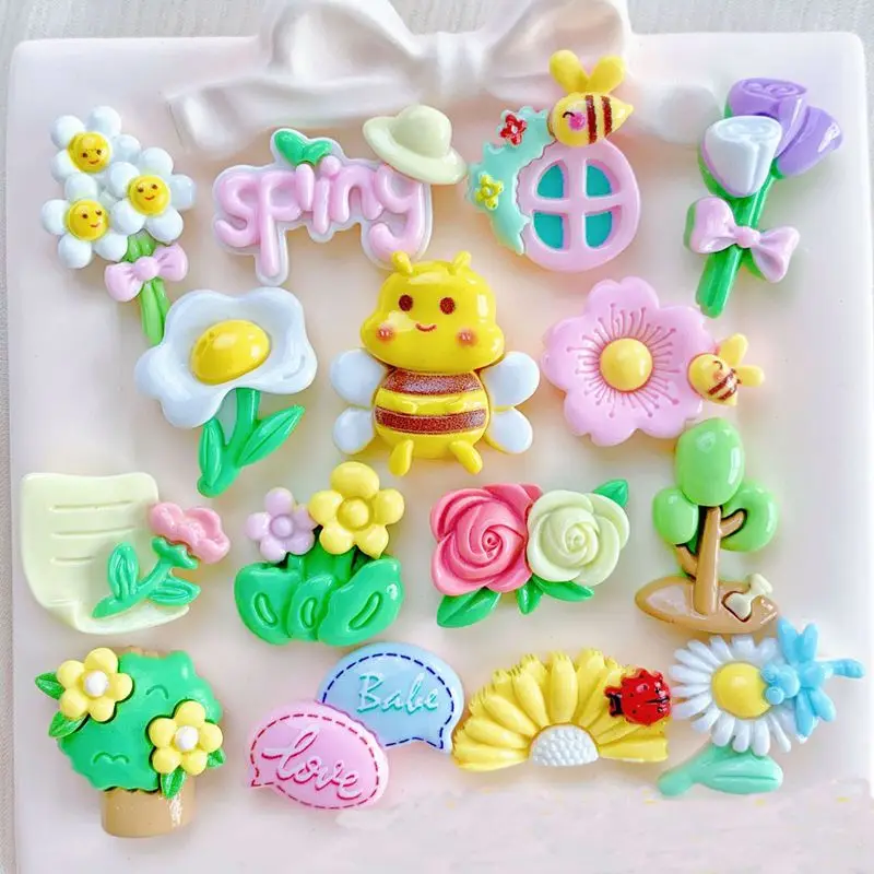 10Pcs New Mini Cute Bee, Flower Spring Series Cartoon Flat Back Resin ...