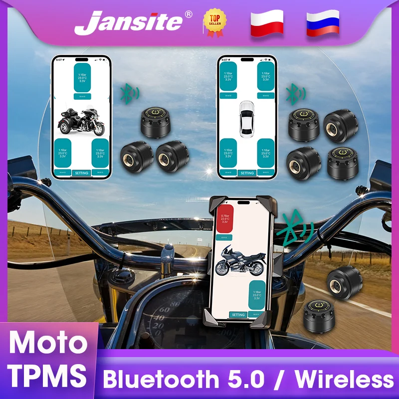 Jansite Bluetooth 5.0 Moto TPMS Car Tire Pressure Alarm Monitor System ...