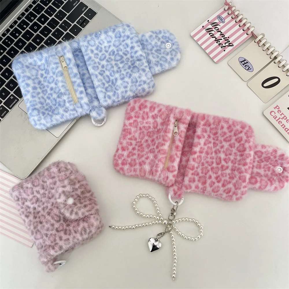 Pink Leopard Print Blue Furry Card Holder Coin Purse Cute Sweet Style ...