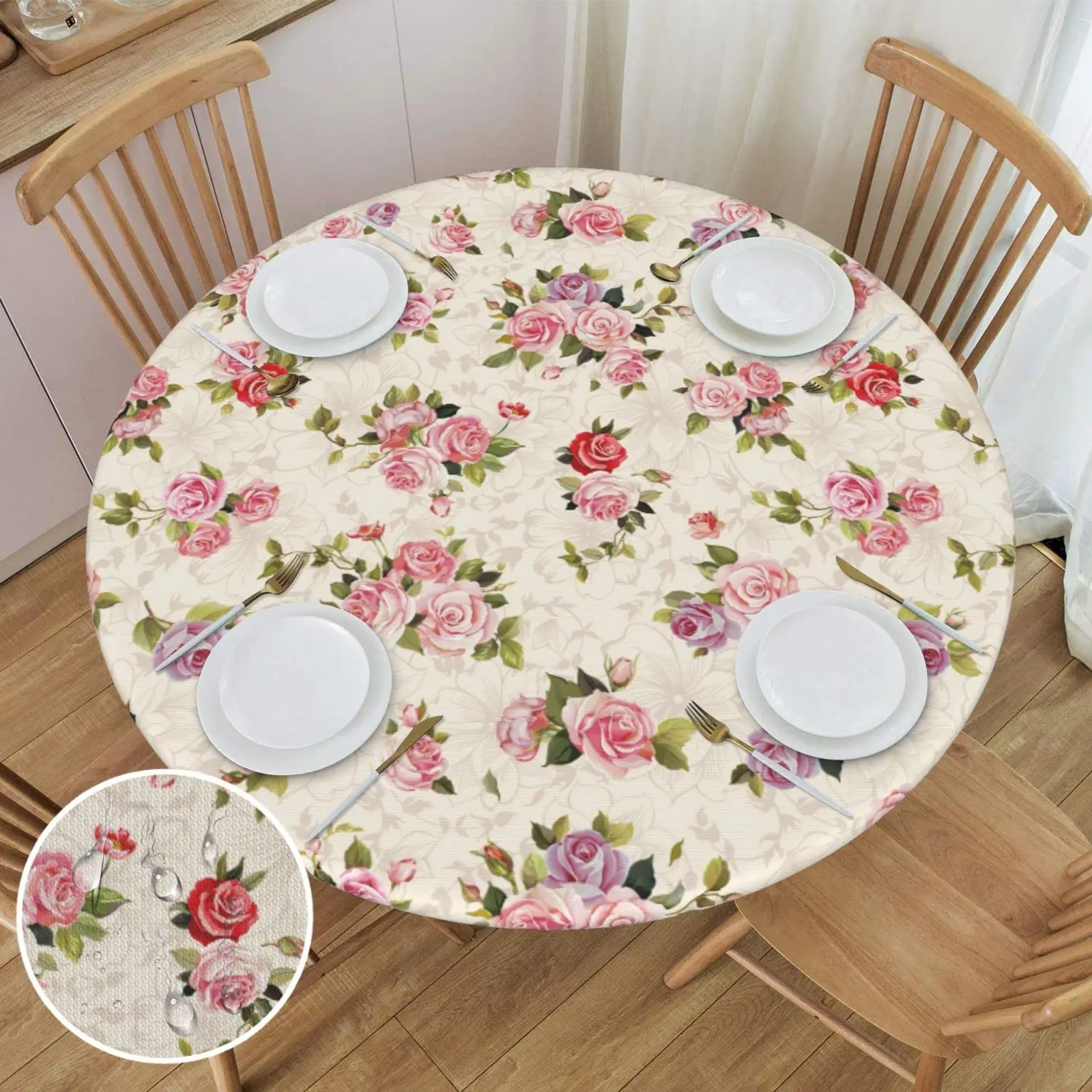 Vintage-Pink-Rose-Chic-Flower-Round-Fitted-Table-Covers-Elastic-Edge ...