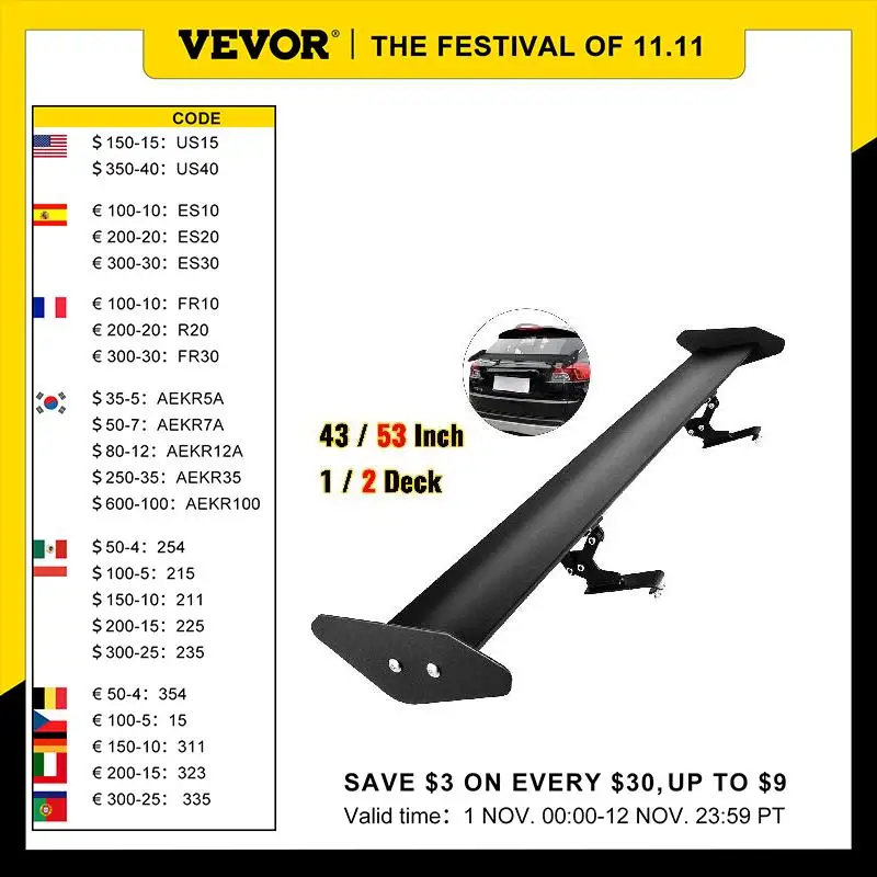 VEVOR Alerón Trasero Universal, Set Ligero, Cubierta Aerodinámica ...