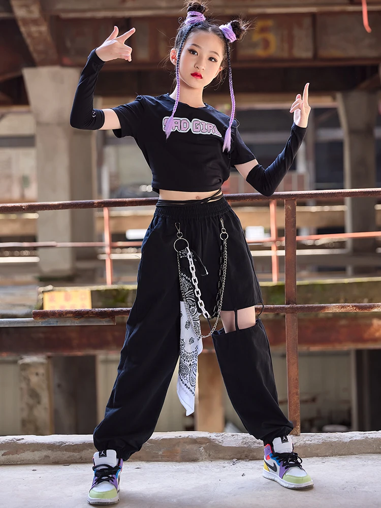 Disfraz-de-baile-de-Hip-Hop-para-ni-as-traje-Kpop-negro-Tops-cortos ...