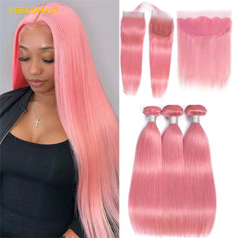 Pink-Colored-Bundles-With-4x4-Closure-Weave-Straight-Remy-100-Brazilian ...