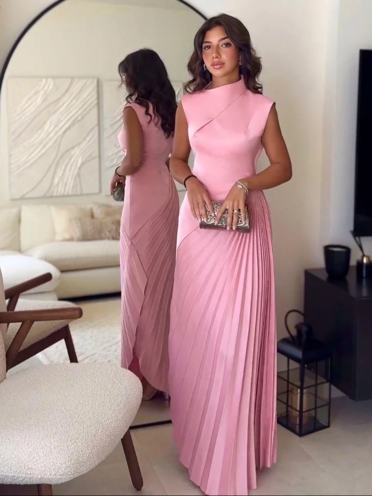 Irregular-Pleated-Hem-Solid-Long-Dress-Women-Elegant-Slanted-Collar ...