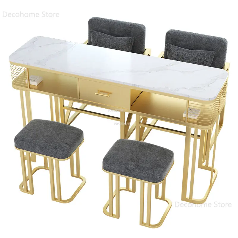 Modern Gold Manicure Tables with Drawer Italian Light Luxury Glass Nail ...