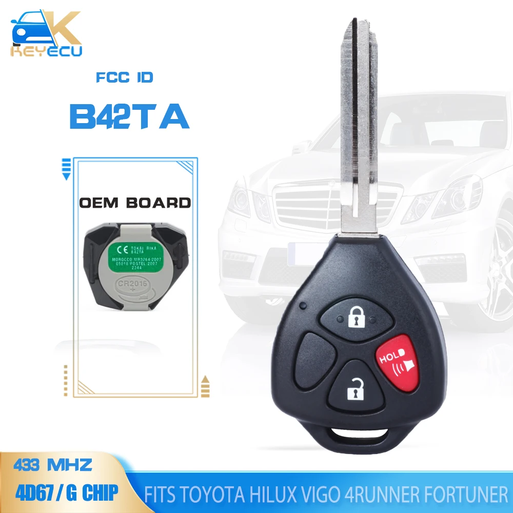 KEYECU B42TA 3B/4B Remote Head Key Fob 433MHz 4D67/G Chip For Toyota ...