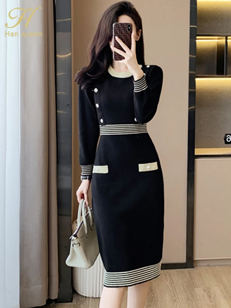 H-Han-Queen-Autumn-Winter-Vestido-Korean-Colorblocked-Long-Sleeve ...