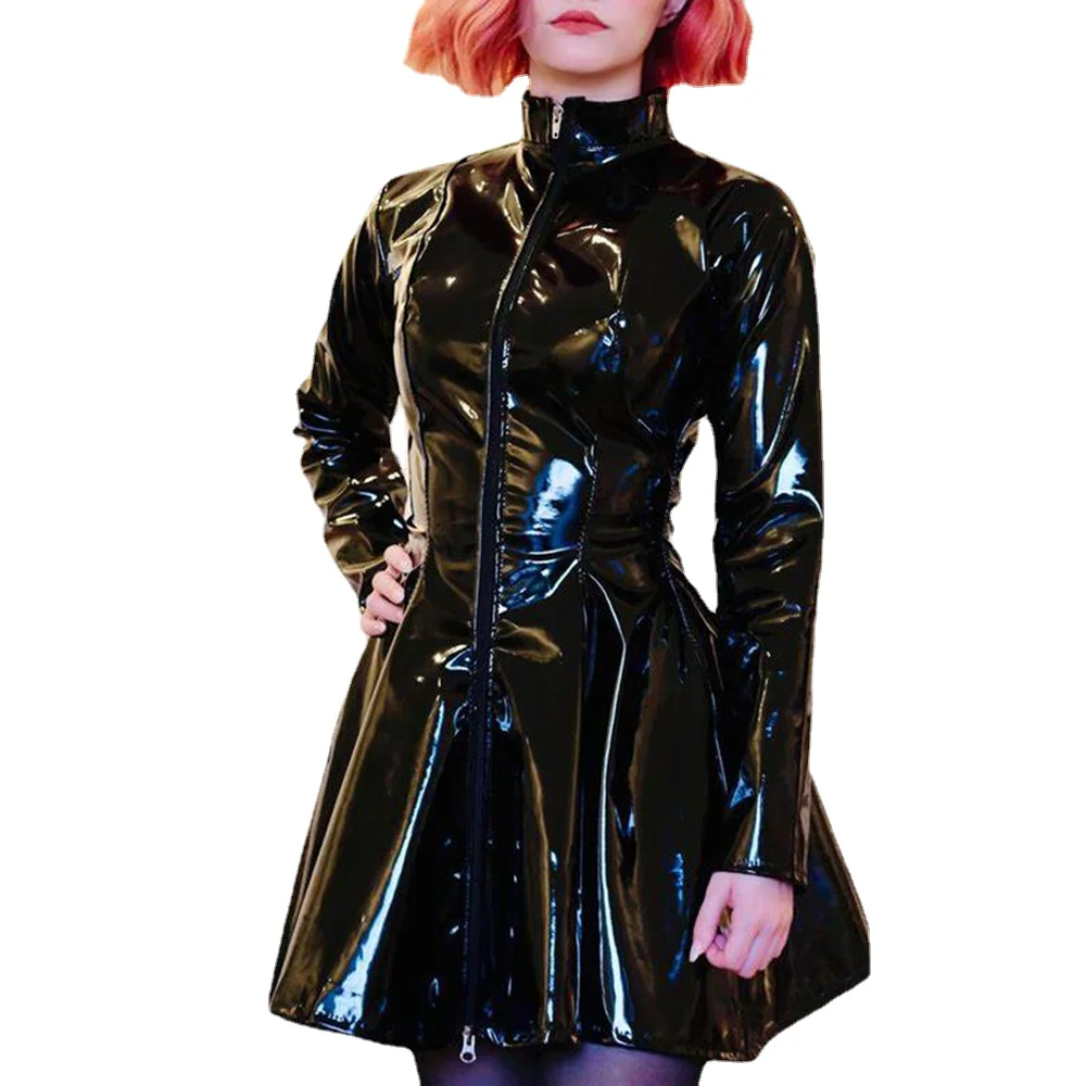 Punk-Gothic-Zipper-Turtleneck-PVC-Shiny-A-line-Dress-Sexy-Pleated-Long ...