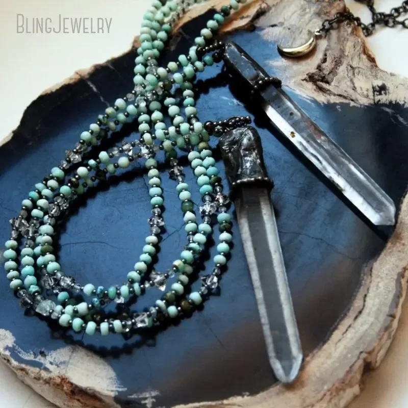 10pcs-Quartz-Crystal-Pendant-Long-Layered-Necklace-Women-Blue-Opal-Bead ...