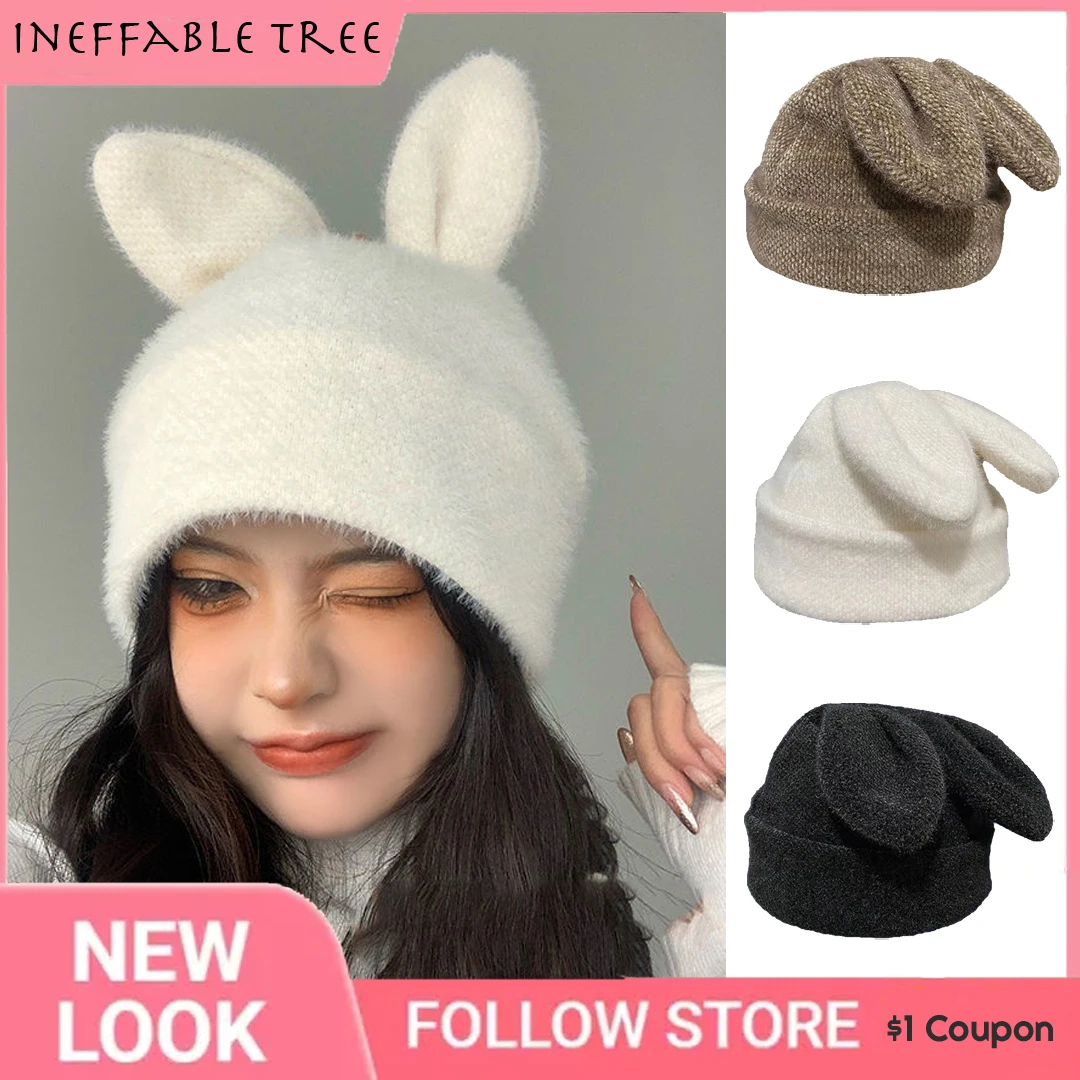 Korea Cute Rabbit Ears Knitted Hats for Women Autumn Winter Warm Panama ...