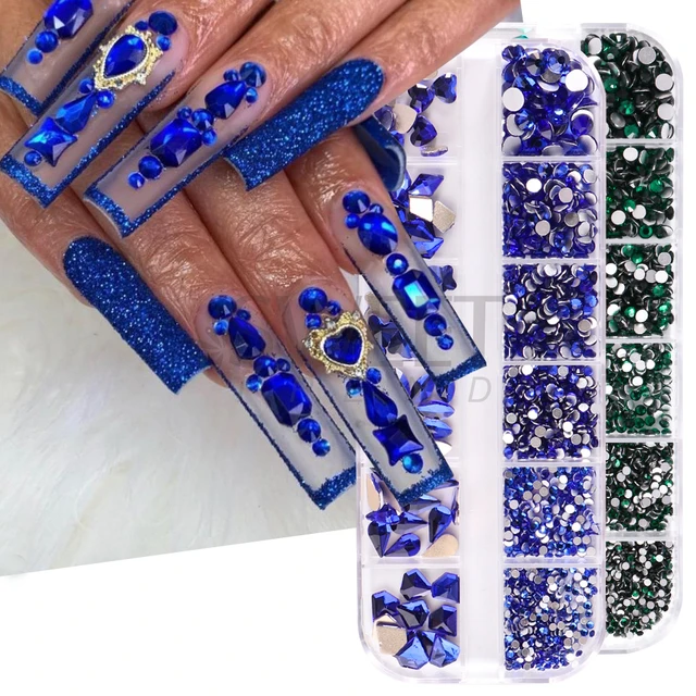 Acrylic Nails Blue With Rhinestones