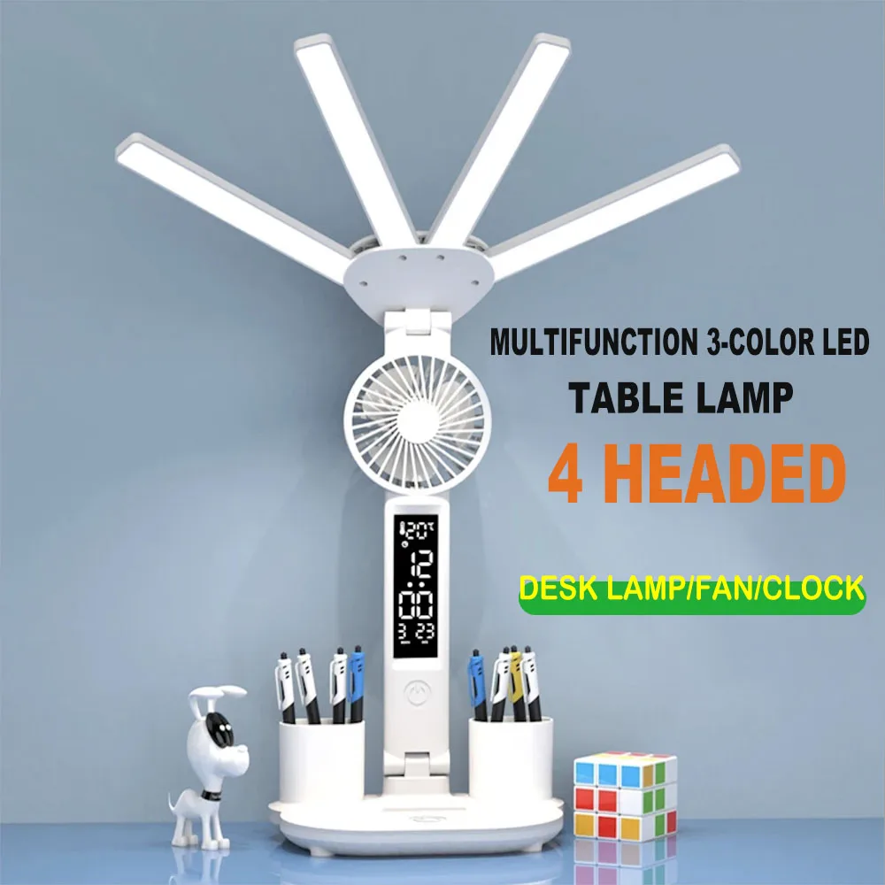 Multifunction-3-Color-LED-Table-Lamp-Four-Headed-Folding-With-Fan-Clock ...
