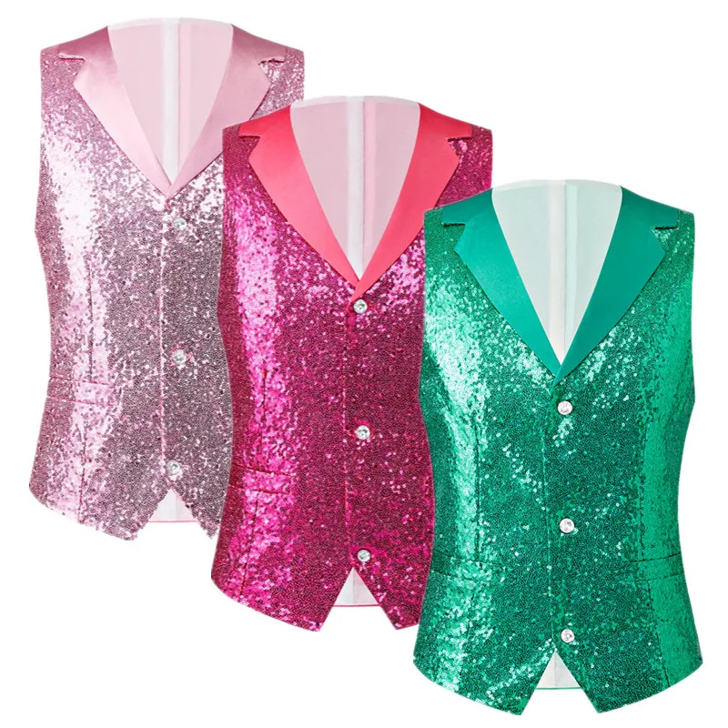 Fashion Men Luxury Sequin Suit Vest Slim Fit Tops Singer Magician Stage ...