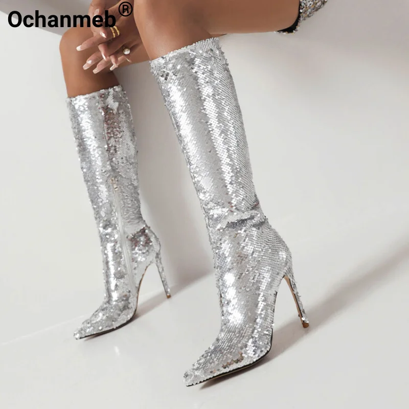 Ochanmeb-Botas-de-tac-n-alto-con-lentejuelas-plateadas-para-mujer ...