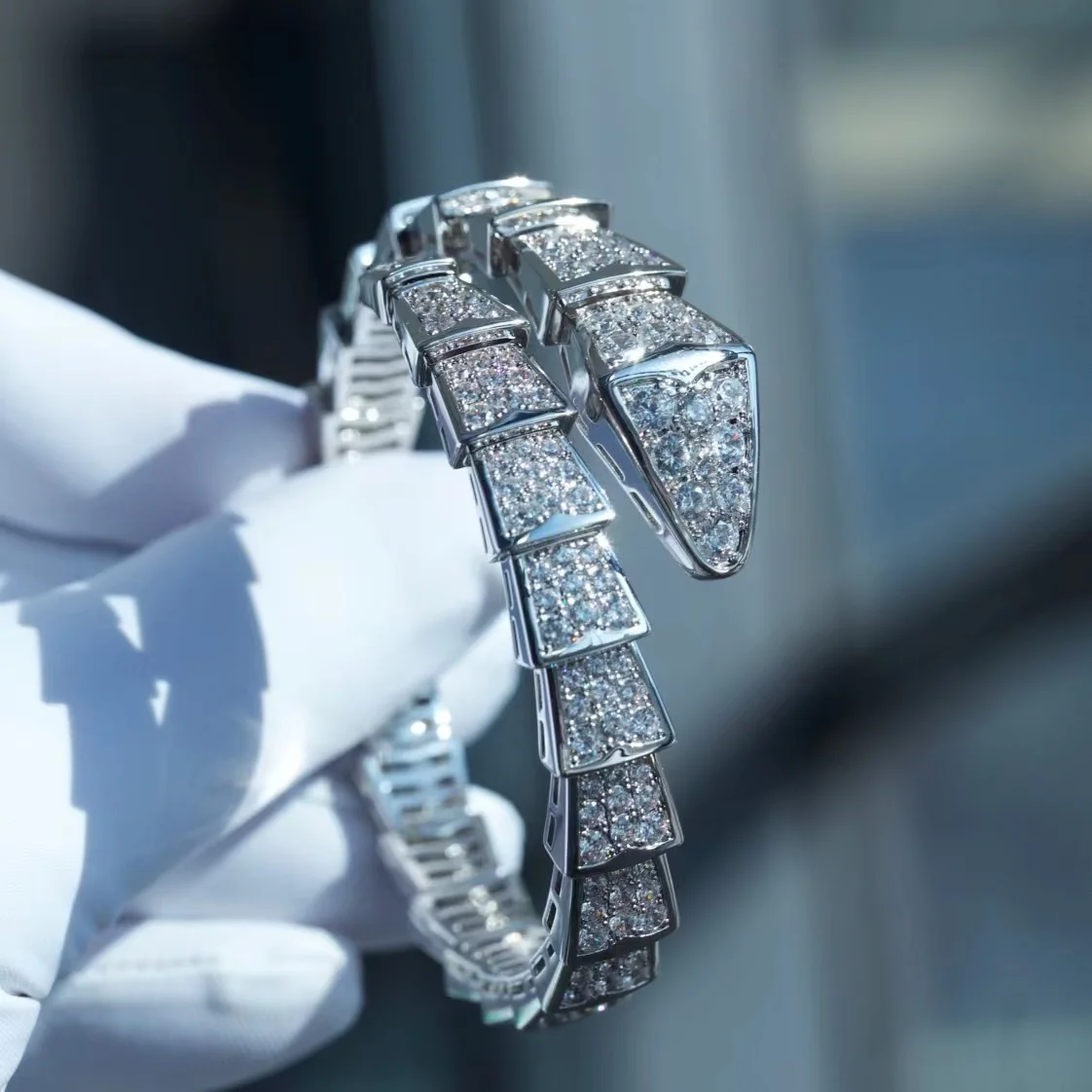 925-Sterling-Silver-Zircon-Elastic-Snake-Head-Bracelet-Women-Fashion ...