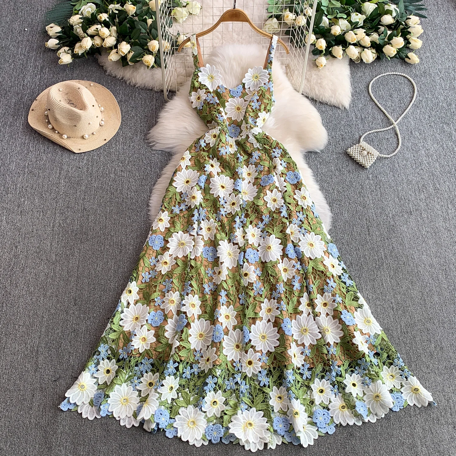Chic vintage encaje floral fruncido ahueca hacia fuera elegante Hada ...
