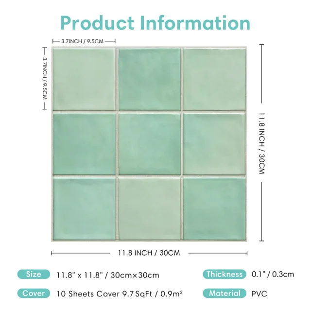 3D Peel and Stick Green Tile Kitchen Splash Back Tile Sticker 3D Wall ...