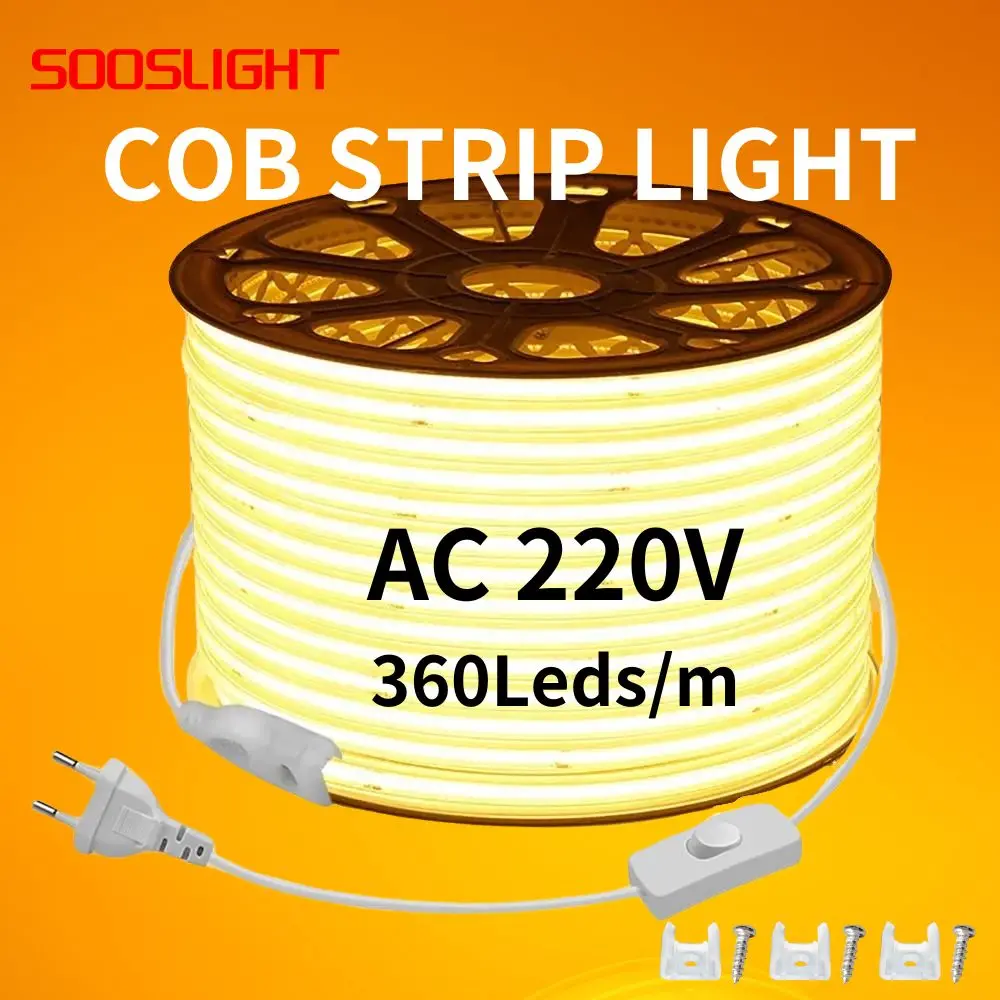 220V-COB-Led-Strip-Light-Super-Bright-With-Switch-Power-Plug-360LED-m ...