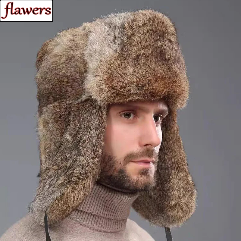 Men's Caps Warm Natural Rabbit Fur Bomber Hat With Earflaps Winter Hot ...