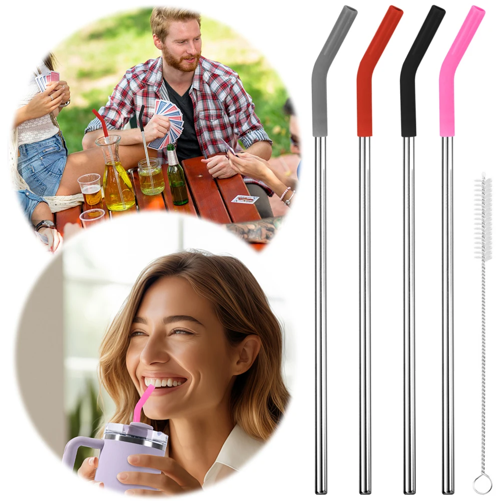 4Pcs Reusable Metal Straws with Silicone Tips Cleaning Brush Stainless ...