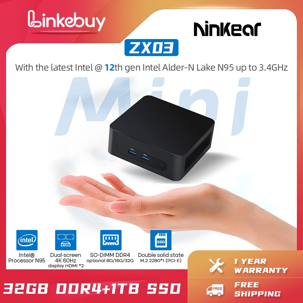 Ninkear ZX03 Mini PC 12th Gen Intel N95 up to 3.4GHz Built-in DDR4 32GB ...