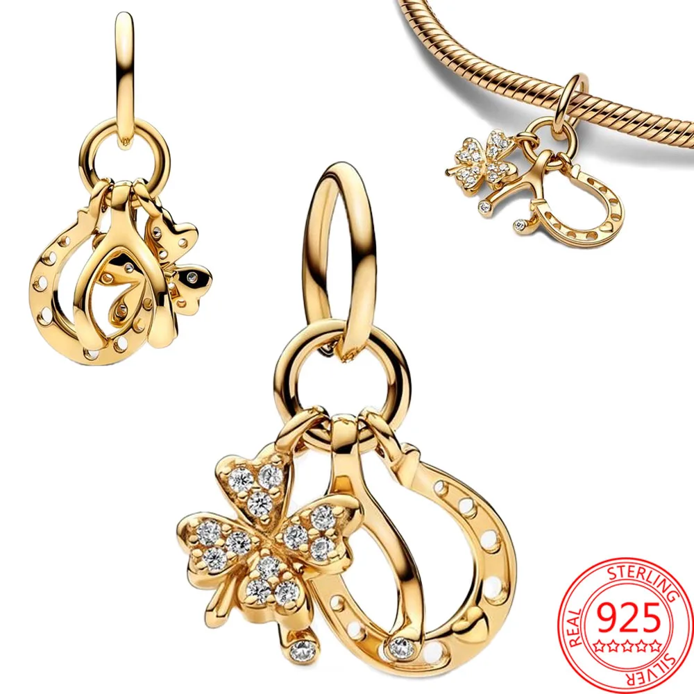 Gold-Color-Real-925-Sterling-Silver-Four-Leaf-Clover-Horseshoe-Fork ...