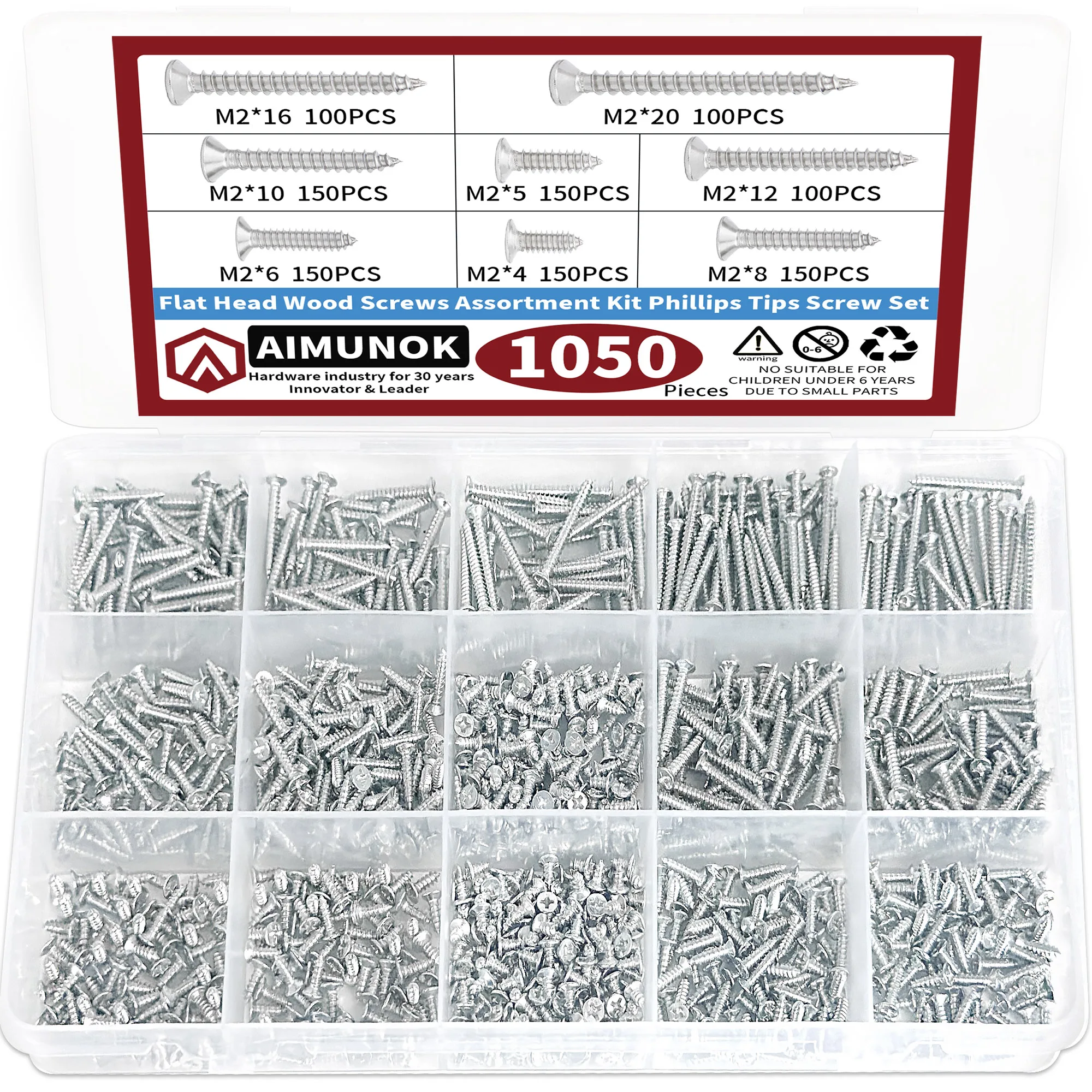 1050pcs-Flat-Head-Wood-Screws-Assortment-Kit-Phillips-Tips-Screw-Set-M2 ...