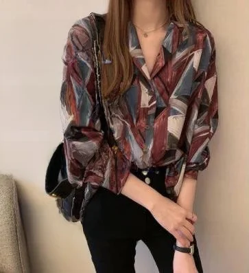 Damen Langarm-Print-Shirt im Lässigen Stil, Vintage Hong Kong Look ...