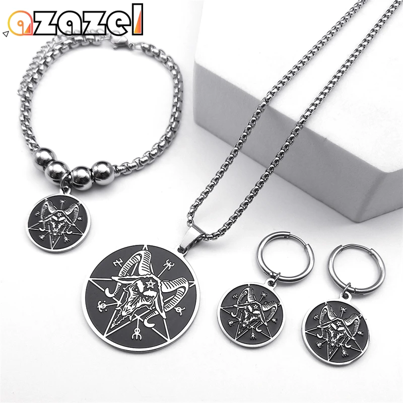 Gothic-Stainless-Steel-Jewelry-Set-Goat-Head-Pentagram-Baphomet-Satan ...