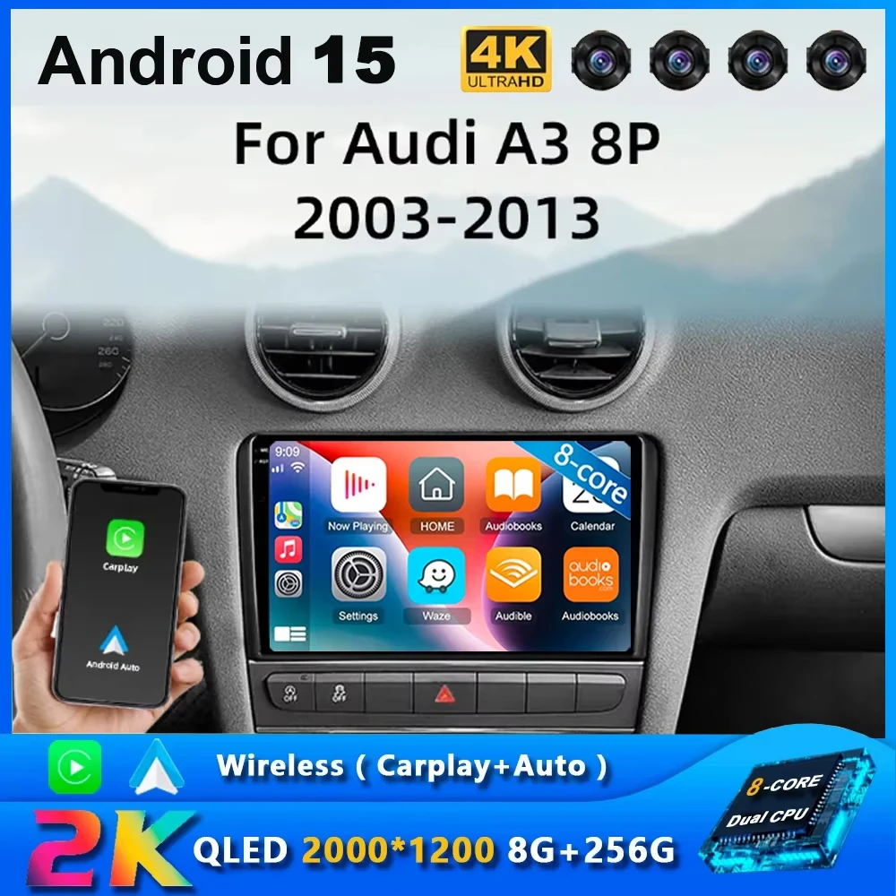 Android 15 Wireless Auto Carplay Car Radio For Audi A3 8P 2003 - 2013 ...