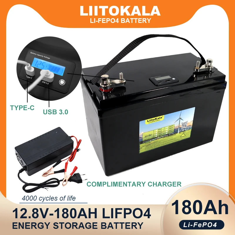LiitoKala 12.8V 180AH LiFePO4 Battery 12V Lithium Batteries 4000 Cycles USB3.0 Type-C output for ...