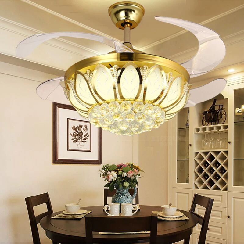 Luxury folding ceiling fan Dining Room Chrome Gold Crystal Lamp with ...