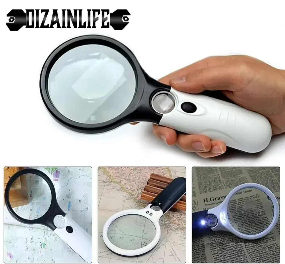 White-Magnifying-Glass-Handheld-45X-Magnifier-With-3-LED-Light-For ...