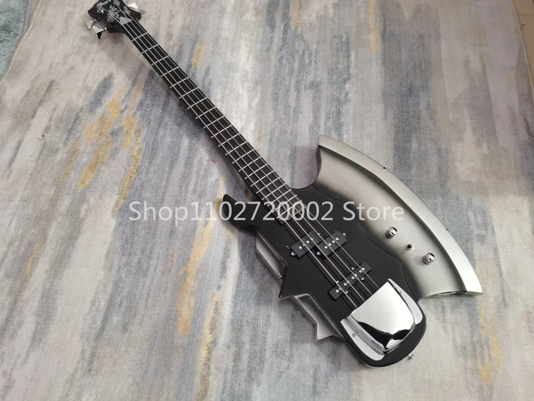 4 string axe bass guitar, rosewood fingerboard, fixed bridge, silver ...
