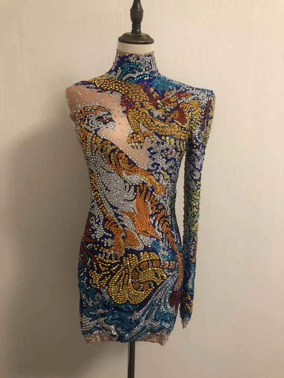 One-Sleeve-Design-Women-Men-Sexy-Dress-Rhinestone-Dragon-Tiger-Birthday ...