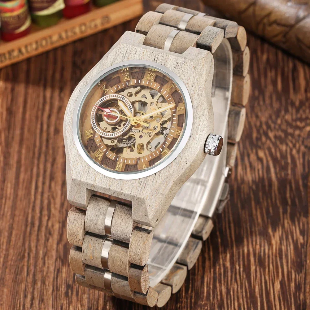 Stylish Retro Wooden Automatic Mechanical Men Watches Roman Numerals ...