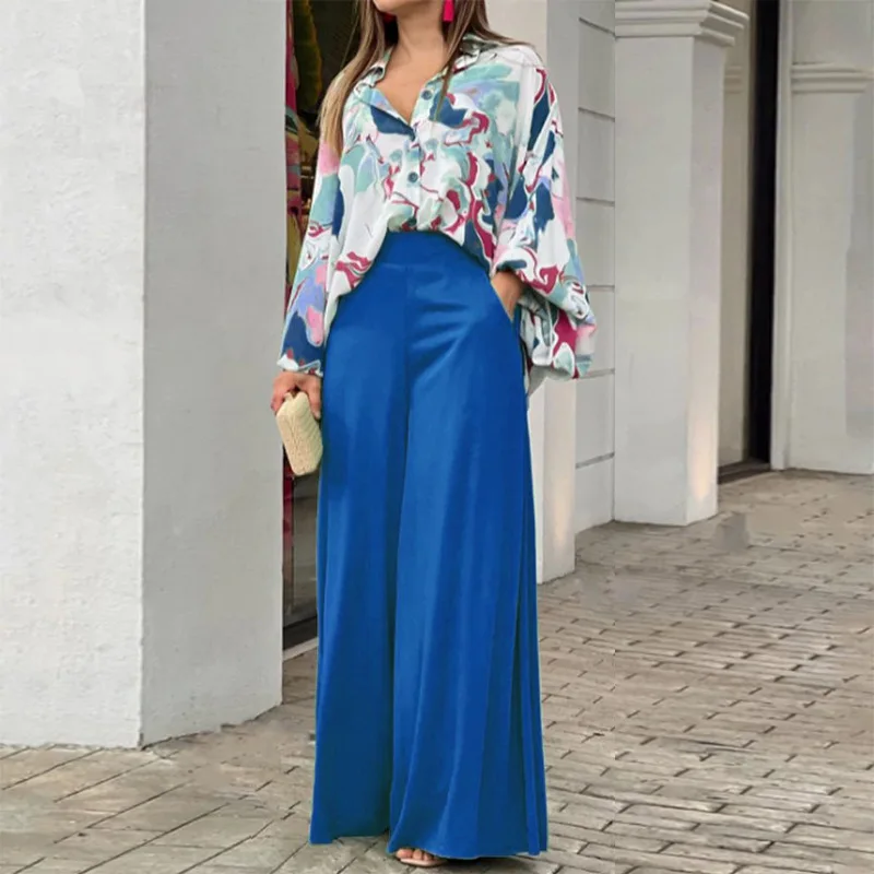 Autumn Summer Fashion Shirts Wide-leg Pants Sets Women's Long Sleeve ...