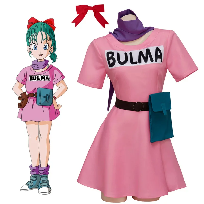 Bulma-Cosplay-Costume-Pink-Dress-Headwear-Purple-Scarf-Belt-Bag-Full ...
