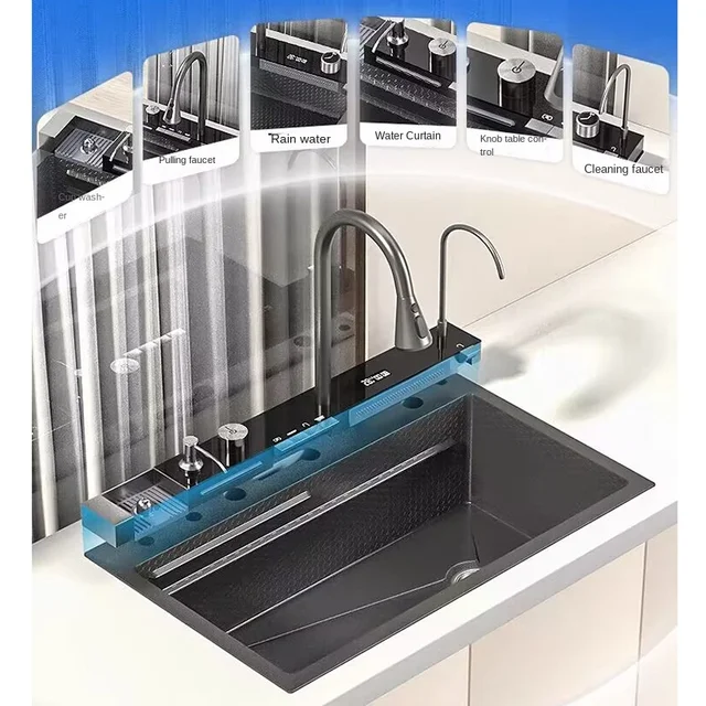 Waterfall Kitchen Sink 304 Stainless Steel Sink Digital Display ...