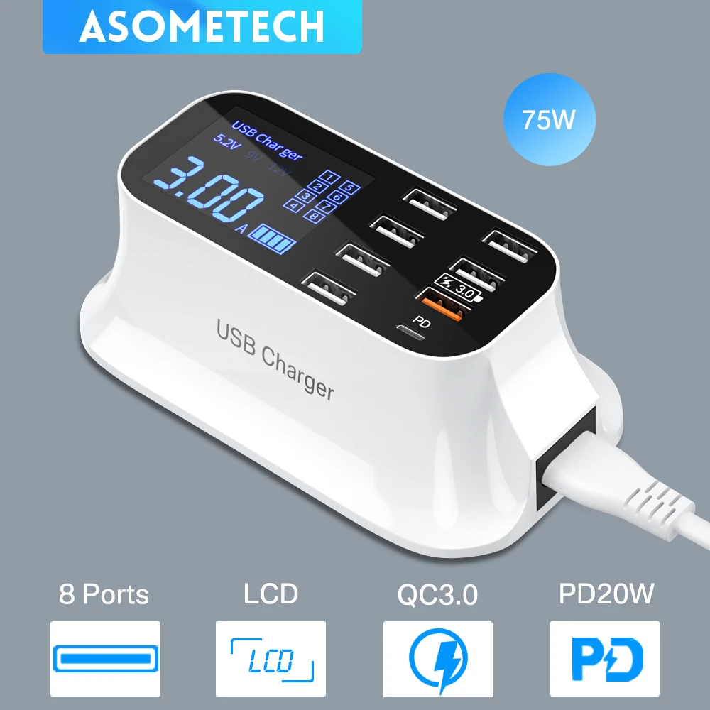 8-port Led Display Usb Charger Quick Charge Pd Usbc Charger For Iphone ...