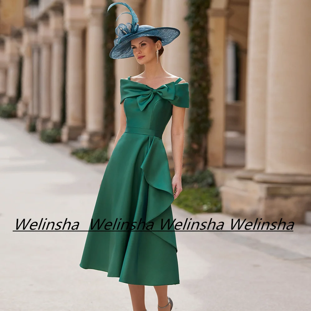 Emerald-Green-Mother-Of-The-Bride-Dress-Off-The-Shoulder-Bow-Tea-Length ...