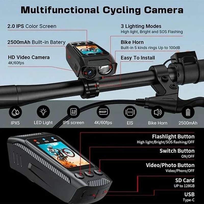 Waterproof Cycling Camera With 2 Inch IPS Screen 4K 60FPS Cycling ...