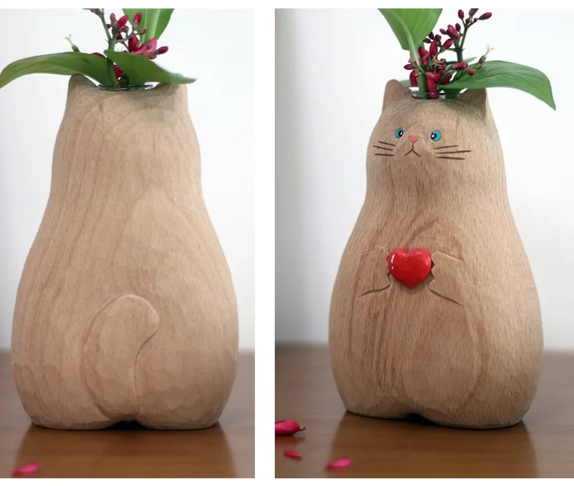 Handmade Wooden Cat Vase - Weryn Shop