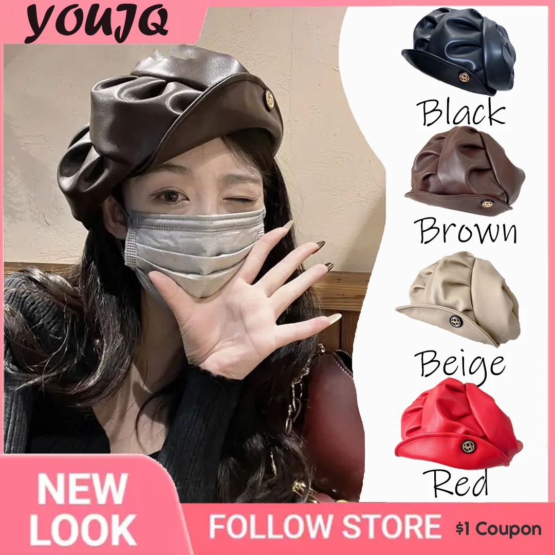 Y2K Women's Fashion Leather Beret with Pleated Personality Vintage Show ...