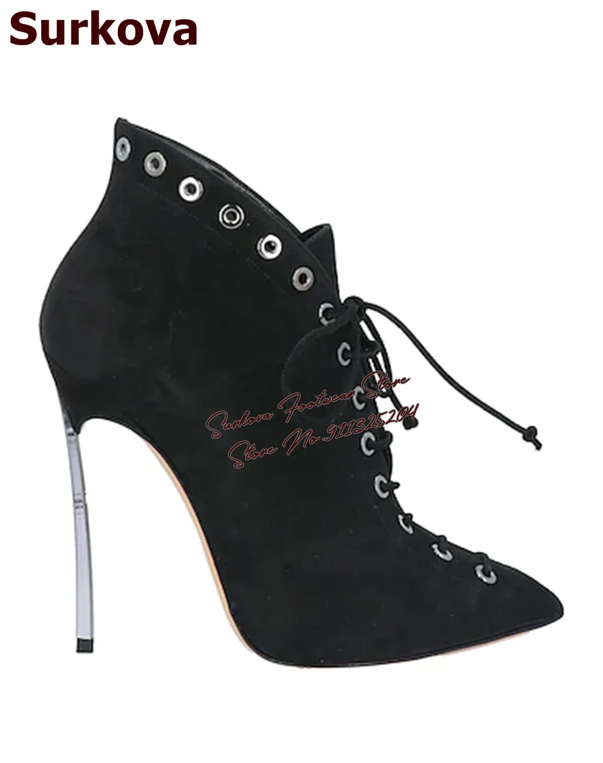 Surkova Silver Metal Blade Heel Ankle Boots Black Suede Pointed Toe ...